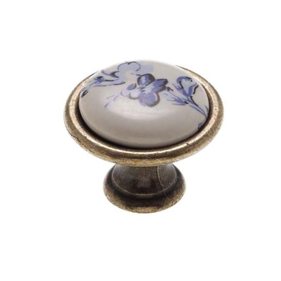 Fogantyú P08-01-25-04 Kék virág porcelán Antik-bronz - Bútorkellék.Eu